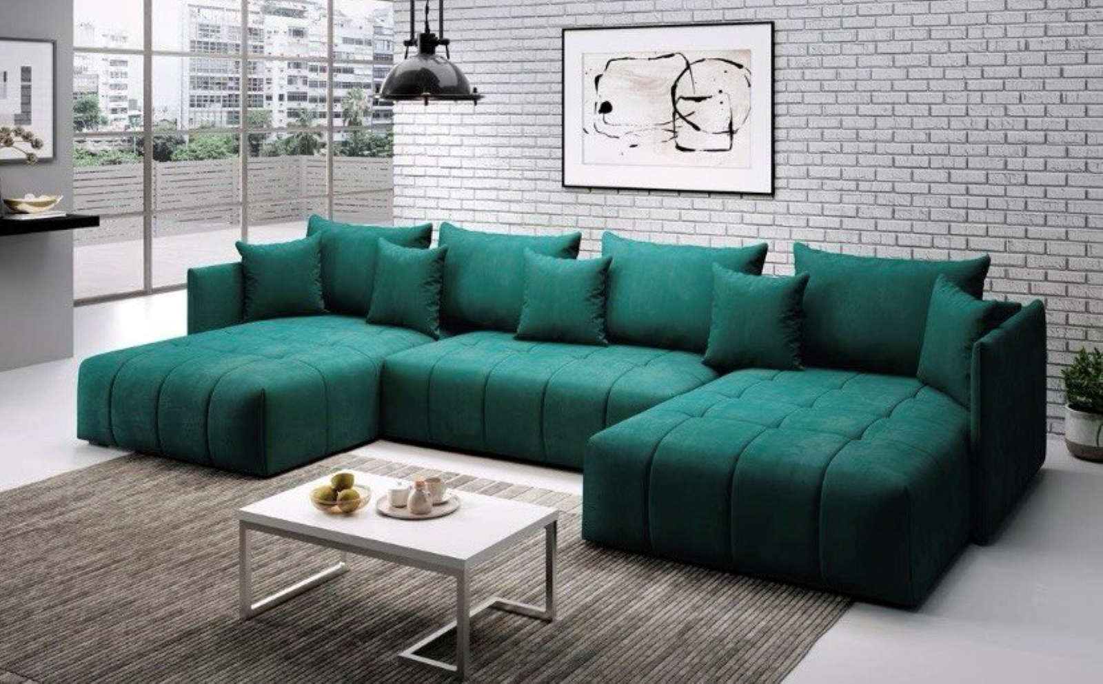 Диван П-образный "Керри" ДиванРус, еврокнижка, 353*180 см, антивандальный велюр, зеленый, ящик для белья