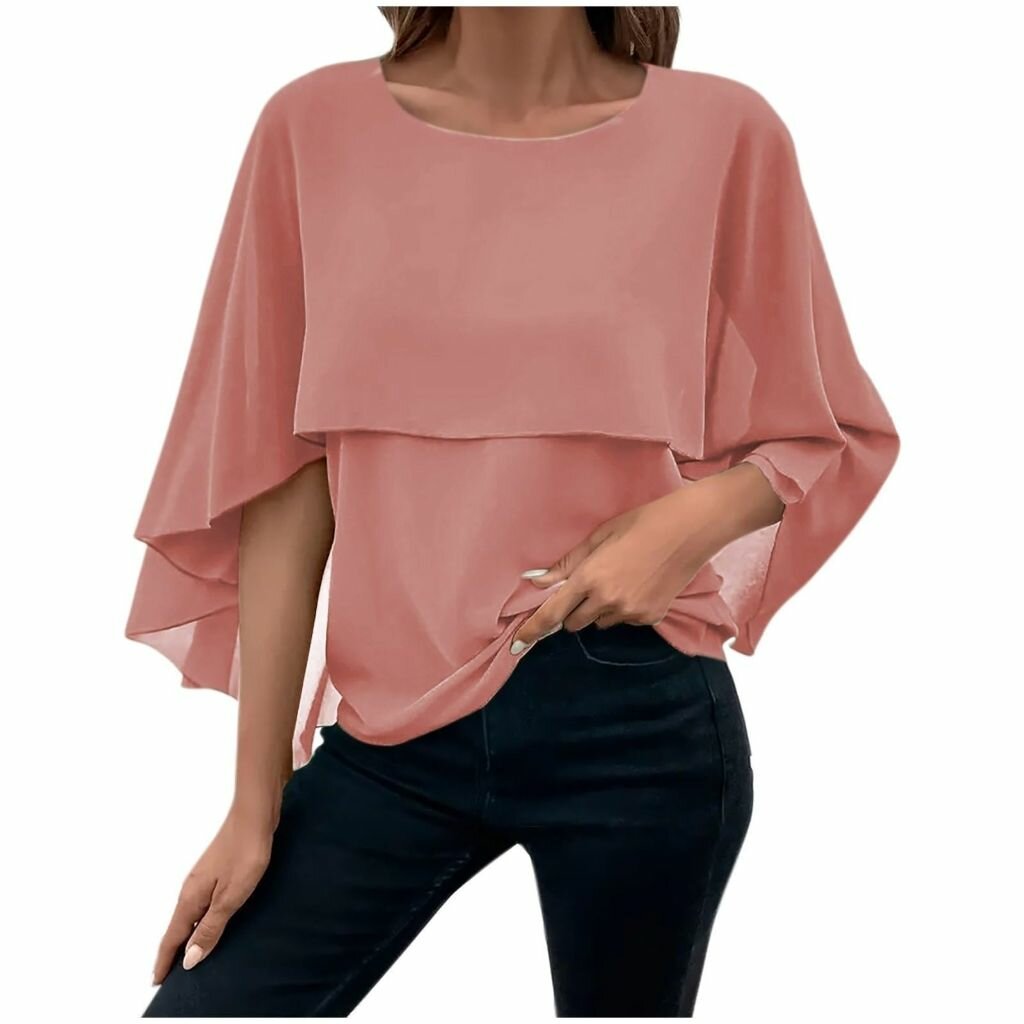 Женская шифоновая блузка с круглым вырезом и рукавами-кейпами - персиковый цвет - размер XL