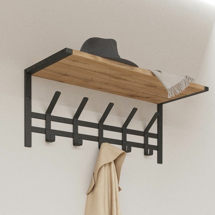 Вешалка настенная ЗМИ Металлический каркас с деревянной полкой, ширина 670 мм, 5 крючков, черный цвет (ВСПТ21Д Ч)