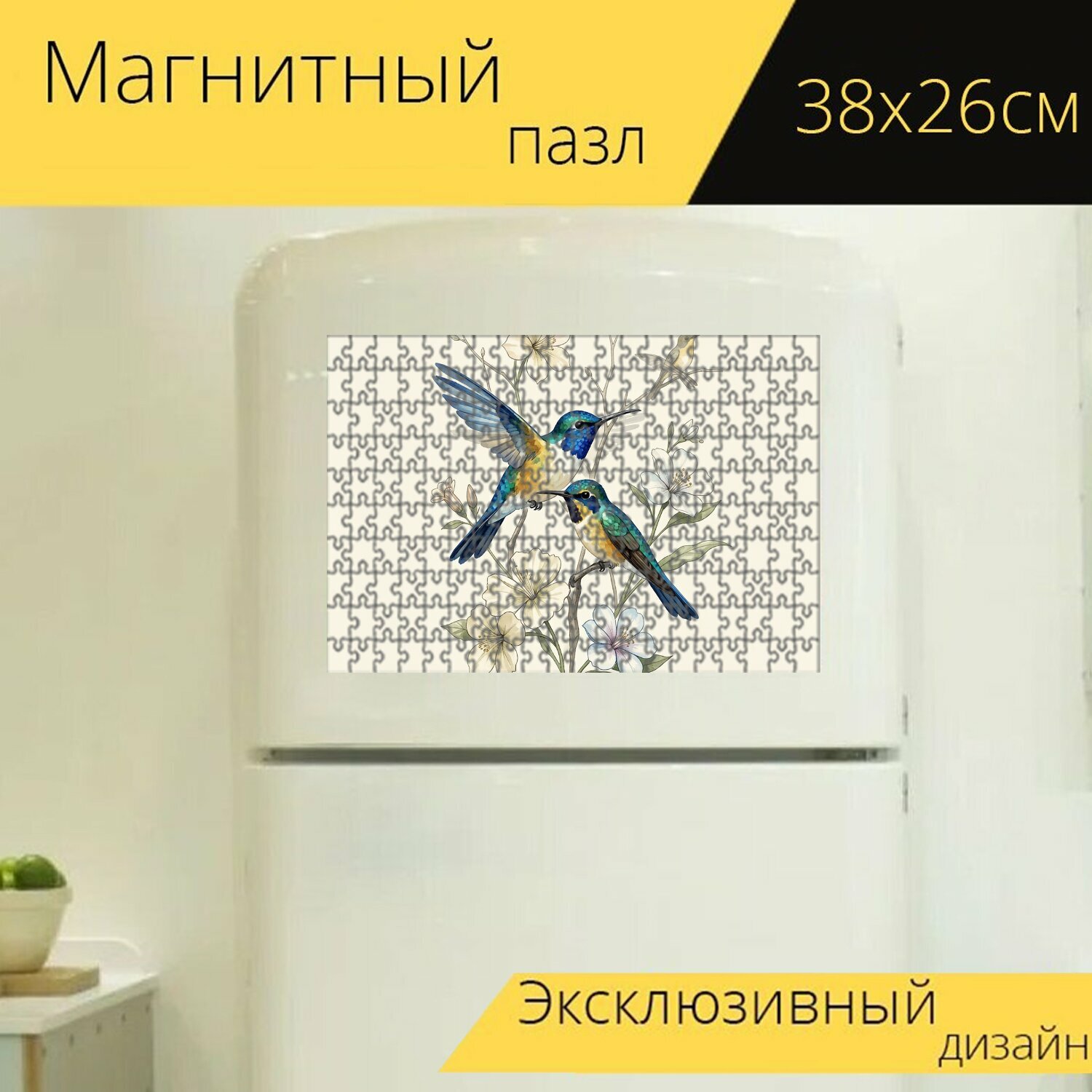 Магнитный пазл "Колибри среди цветущих ветвей. Акварельная иллюстрация с тропическими птичками на тонких ветках сакуры. Сине-бирюзовые, золотистые и белые." для интерьера, 38х26 см.