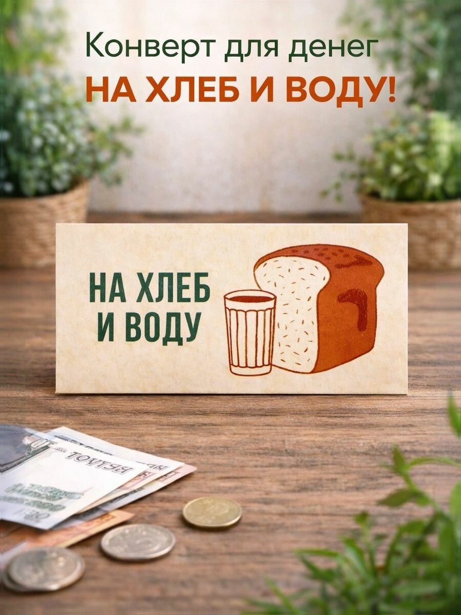 Конверт для денег "На хлеб и воду", подарочный конверт 16,5х8 см, подарок с юмором, упаковка для купюр