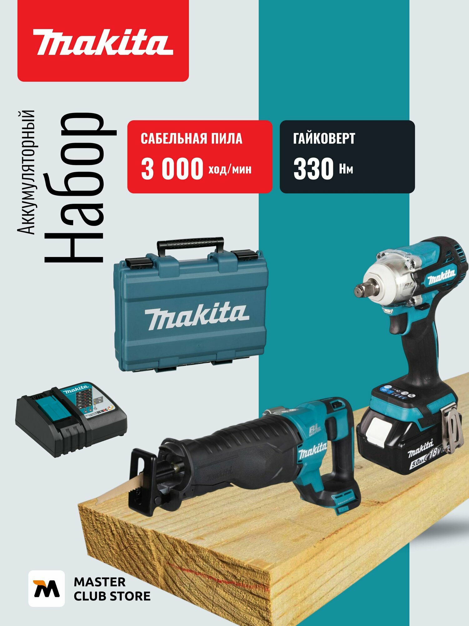 Аккумуляторный набор Makita, 18 В: гайковерт DTW300 + сабельная пила DJR187, с 2 АКБ 5 Ач и ЗУ, в кейсе