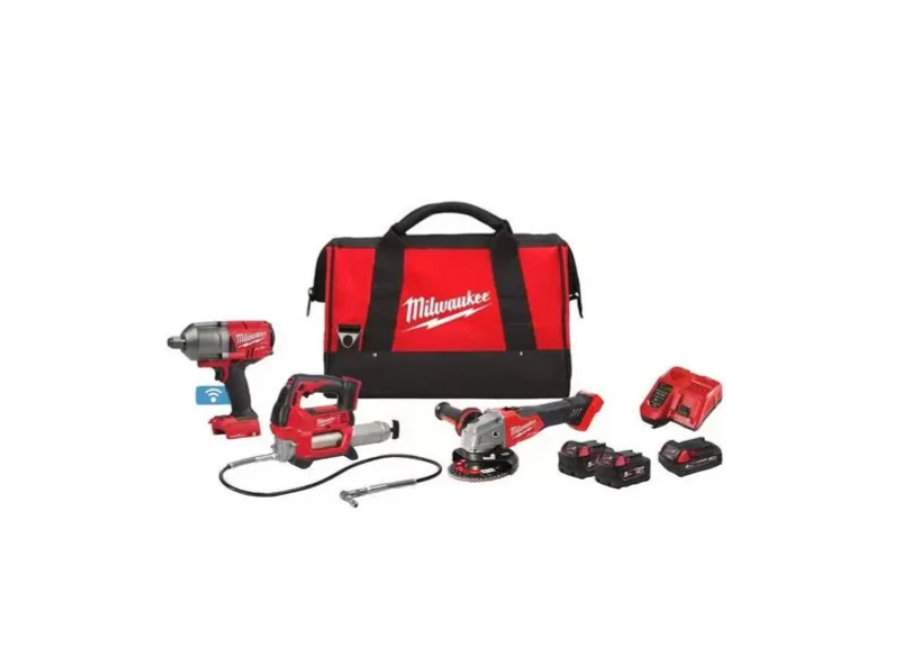 Набор электроинструментов Milwaukee 4933498576 (гайковерт, болгарка, смазочный пистолет, 3 АКБ, сумка)