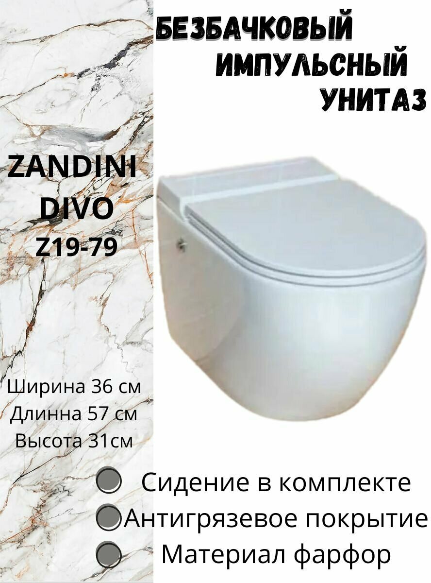 Унитаз подвесной безободковый импульсный безбачковый Zandini Divo (крышка из дюропласта с микролифтом) Z19-79т