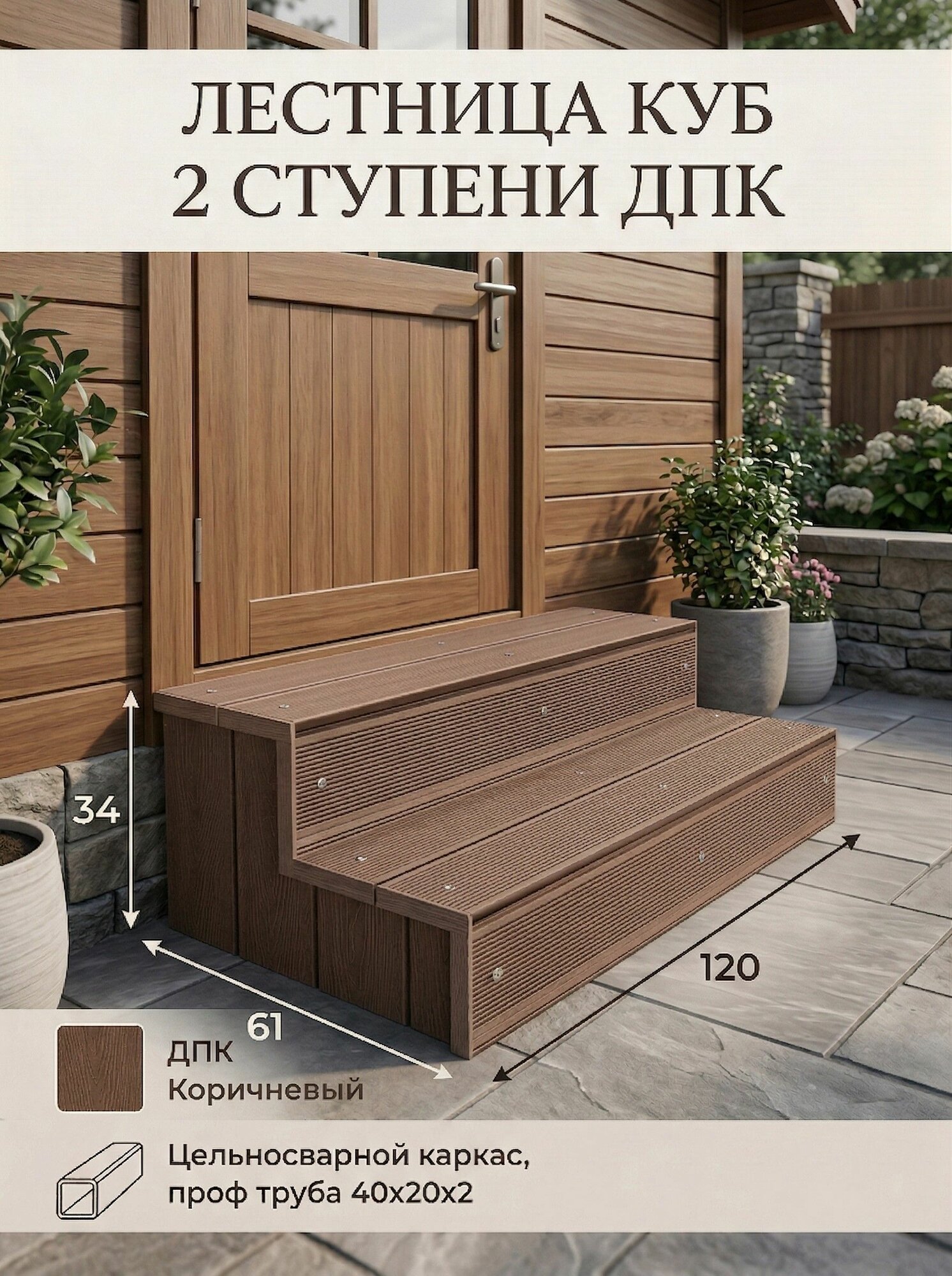 Лестница Куб (40х20) 2 ступени коричневая, ширина 120, с подступенками и боками из ДПК 34х120х61 см на металлокаркасе