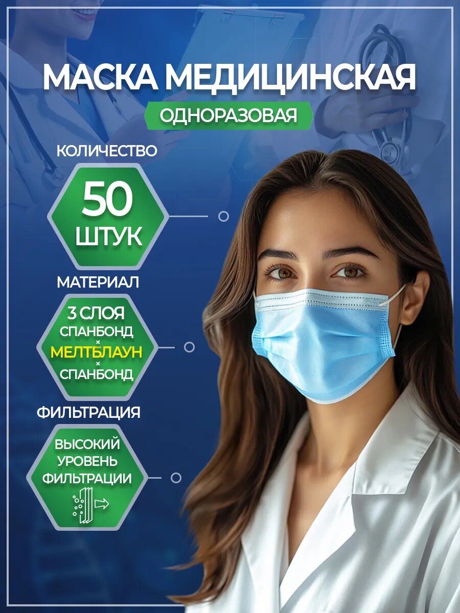 Маска медицинская одноразовая трехслойная 50 шт. (голубая), одноразовая