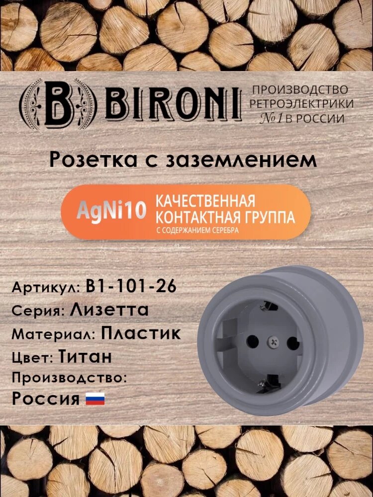 Розетка BIRONI Лизетта с/з, пластик, цвет Титан