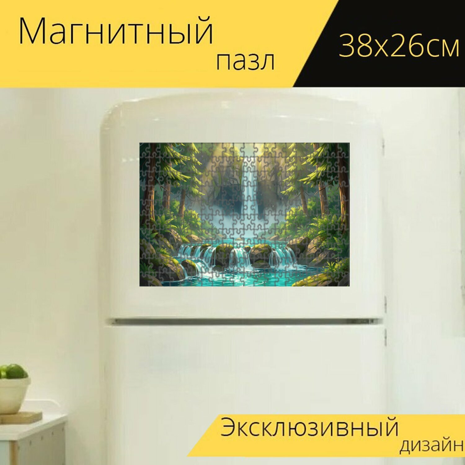 Магнитный пазл "Лесной водопад и бирюзовая река. Живописная сказочная природа с каскадами воды, хвойными деревьями, скалами и солнечными лучами. Насыщенные." для интерьера, 38х26 см.