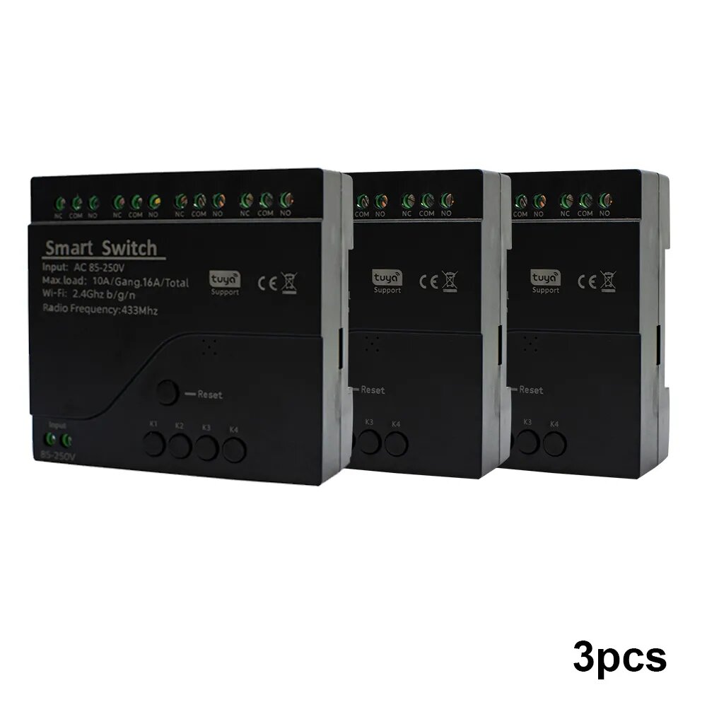 3 шт Черный модуль реле tuya 4-канальный AC 85-250V с управлением WIFI+RF433 для умных автоматизированных домов.