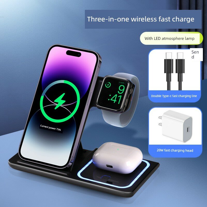 Беспроводная зарядка 3 в 1 для Apple Watch, iPhone 15/16, AirPods с MagSafe, 20 Вт быстрая зарядка, подсветка