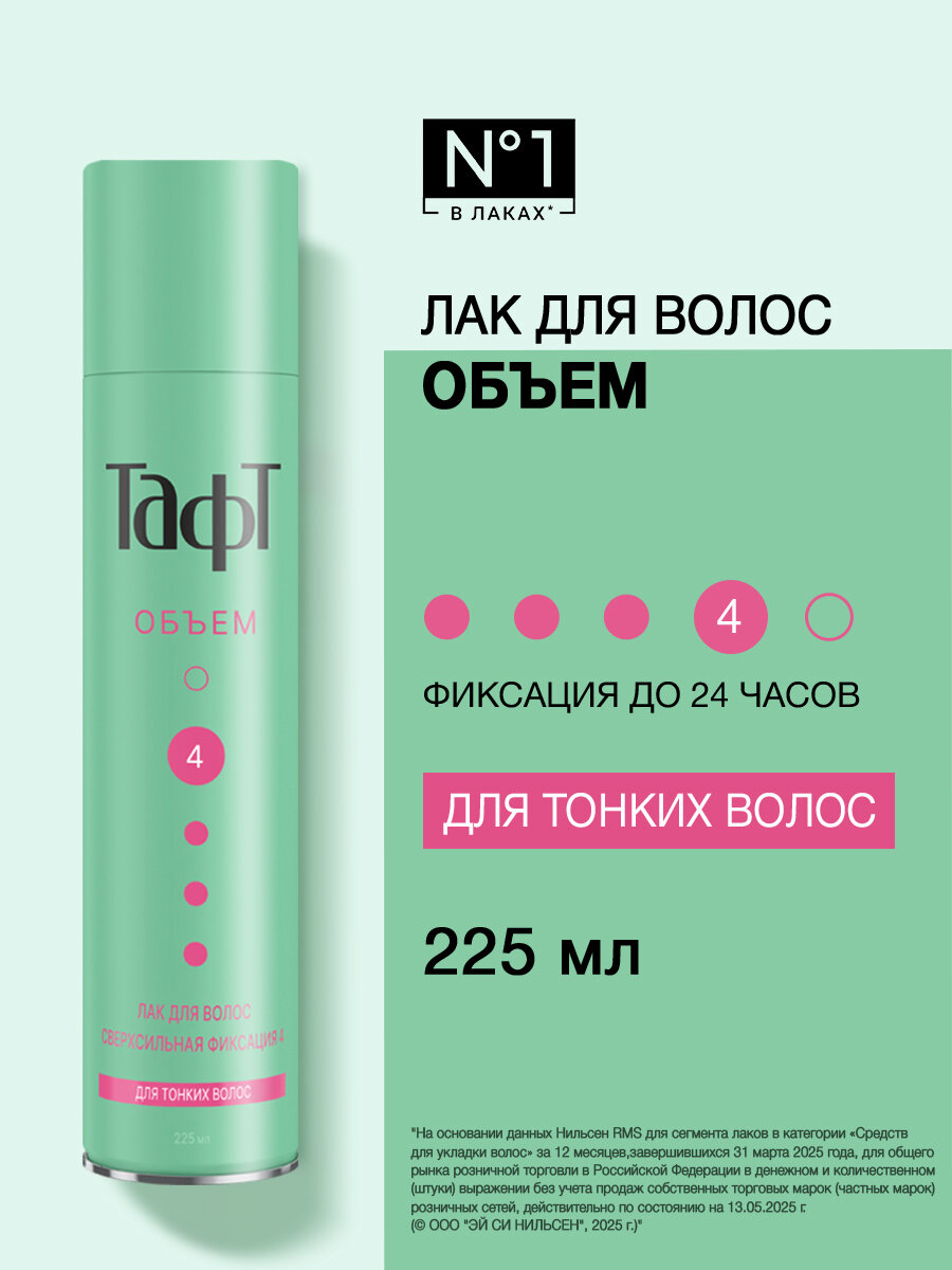 Тафт Объем Лак для волос для тонких волос, сверхсильная фиксация 225мл