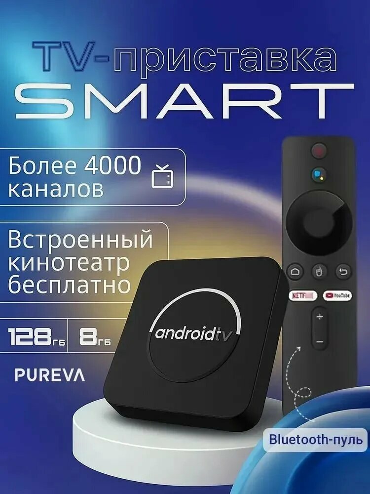 Смарт ТВ приставка для телевизора , ТВ приставка Андроид ТВ 14 Медиаплеер UHD 8K ULTRA 8/128 ГБ +бесплатное телевидение и кинотеатр, Bluetooth пульт