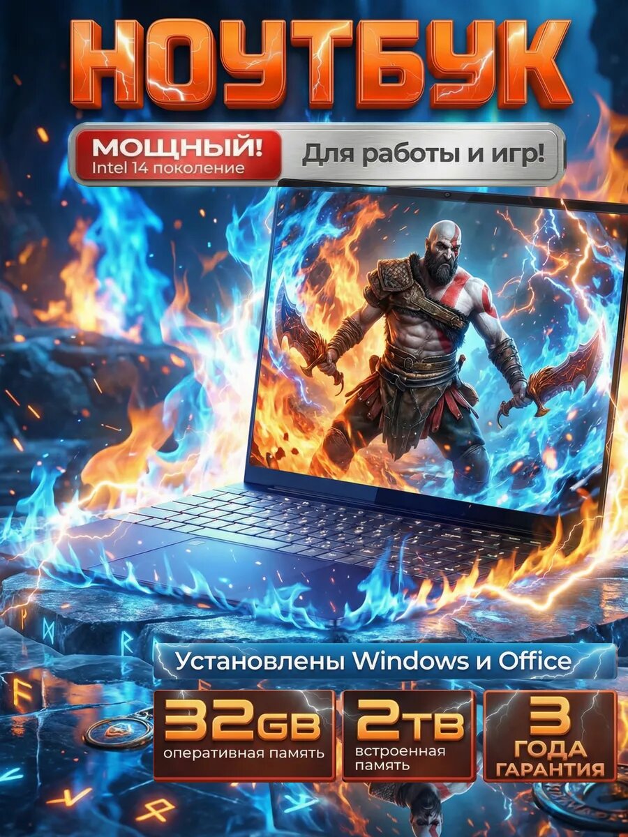 Ноутбук игровой 2026 Intel H-series, RAM 32GB, SSD 2048GB, IPS + Windows, Office
