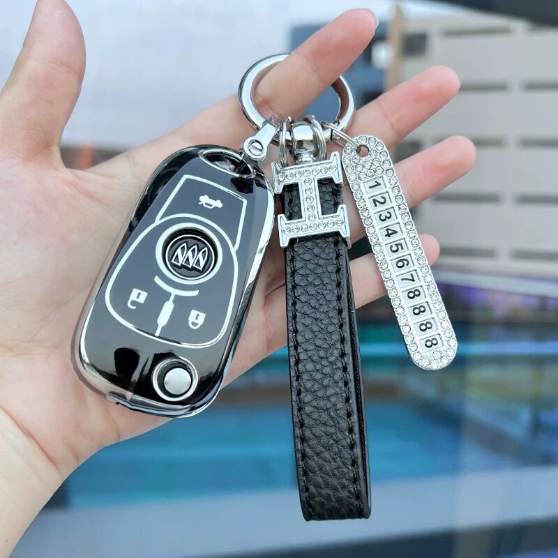 Чехол для ключа автомобиля с кожаной застежкой H-формы и номерной табличкой, цвет польштейн черный, подходит для Buick
