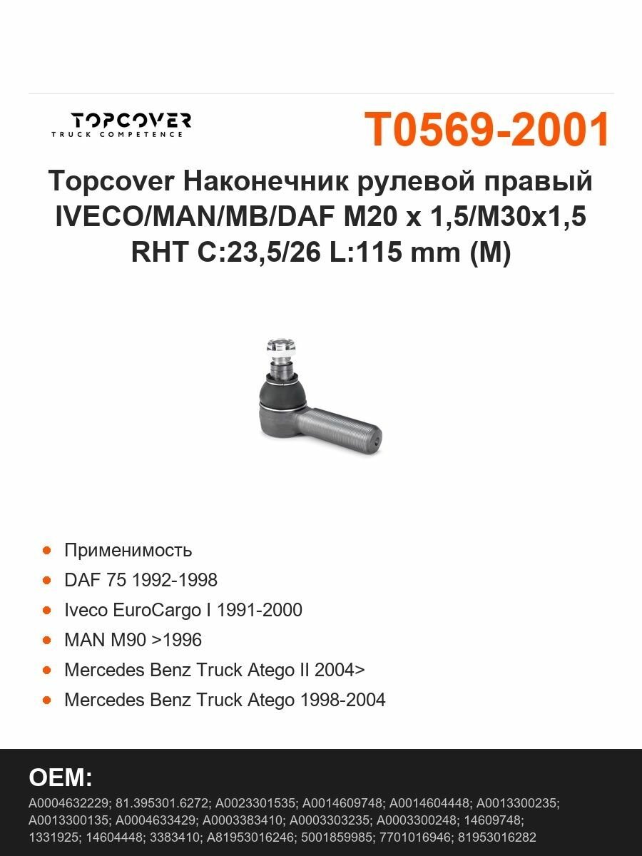 Topcover Наконечник рулевой правый IVECO/MAN/MB/DAF M20 x 1,5/M30x1,5 RHT C:23,5/26 L:115 mm (M)