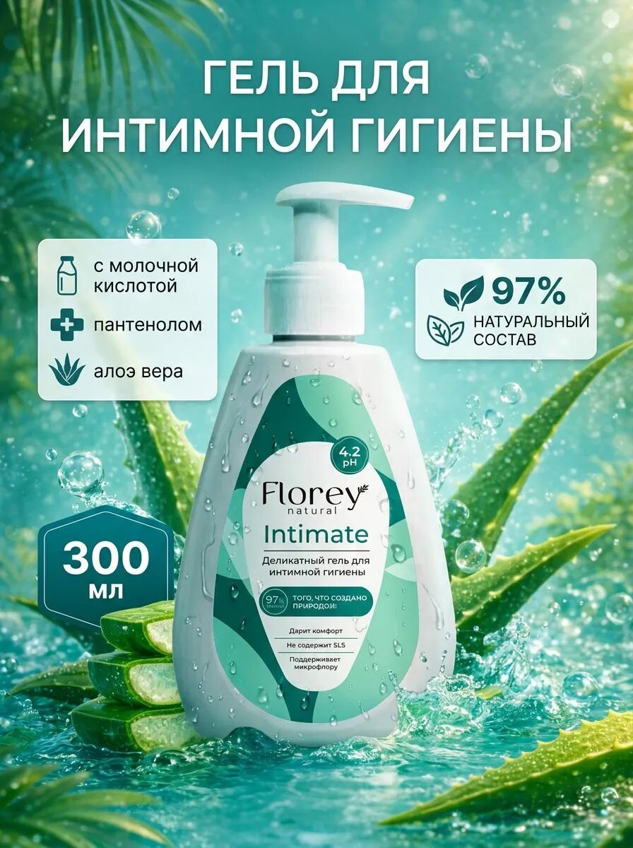 Гель для интимной гигиены женский FLOREY Natural с молочной кислотой / Средство для интимной гигиены, 300мл