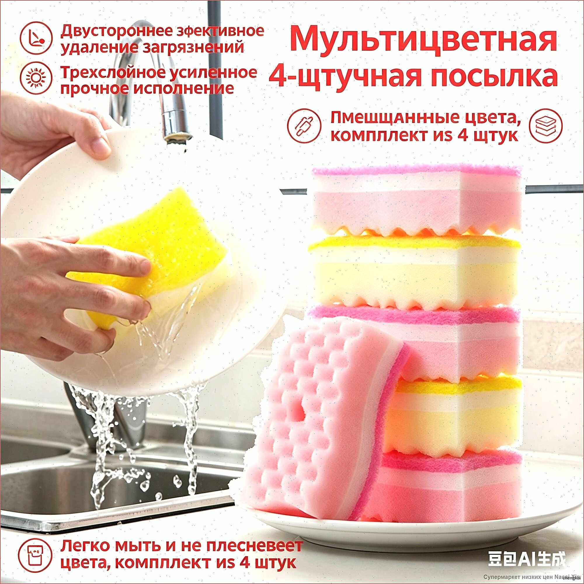 Щетки для посуды, влагонепроницаемые, см, 4шт, желтые/красные