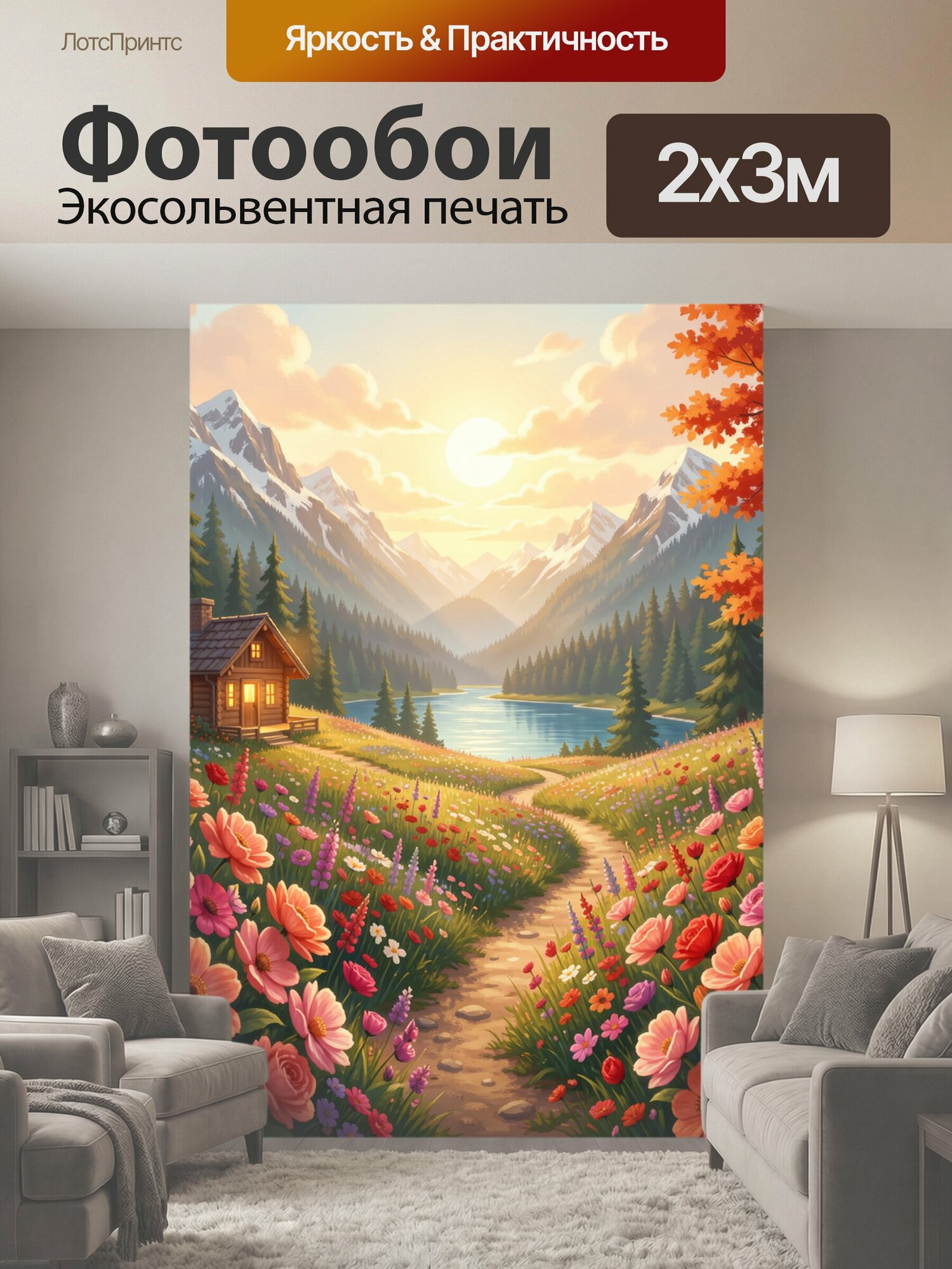 Фотообои "Горное озеро и цветочная долина. Сказочная цифровая живопись: уютный дом у воды, хвойные леса, заснеженные вершины и тропинка среди." 200x300 см. экосольвентная печать
