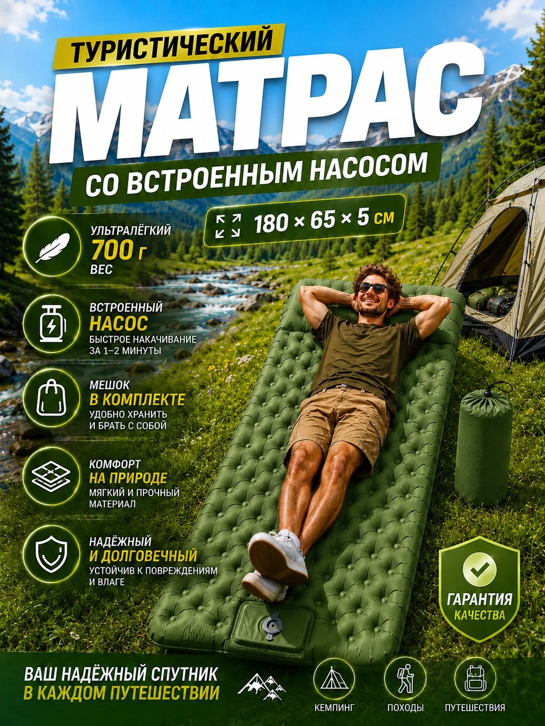 Коврик туристический надувной матрас для палатки со встроенным насосом