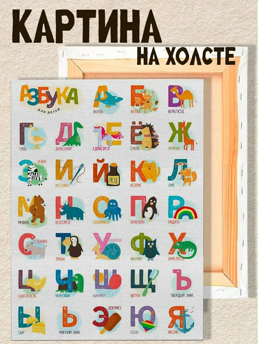 Картина на стену в детскую комнату Алфавит, на подрамнике, 1шт, 38х25 размер.