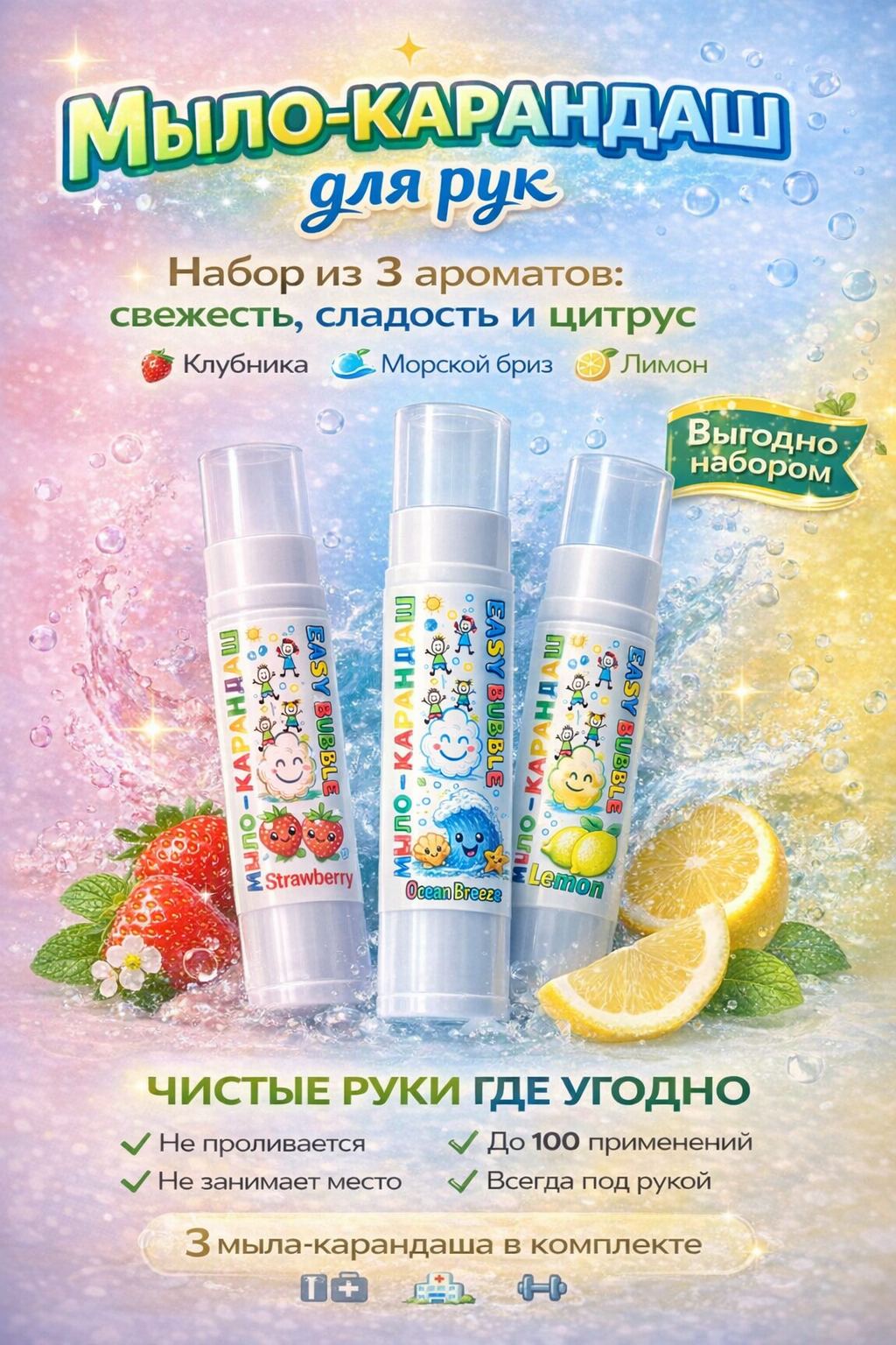 Новое мыло карандаш EasyBubble туалетное дорожное для рук и тела набор 3 штуки