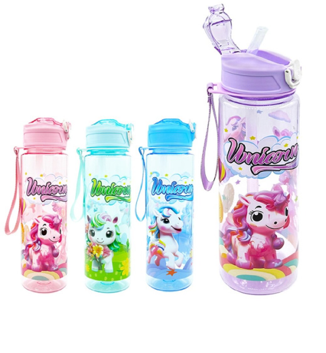 Бутылка для воды " KWELT " 750мл, Unicorn, трубочка, пластик, цвет ассорти, крышка-защелка, петелька для переноски