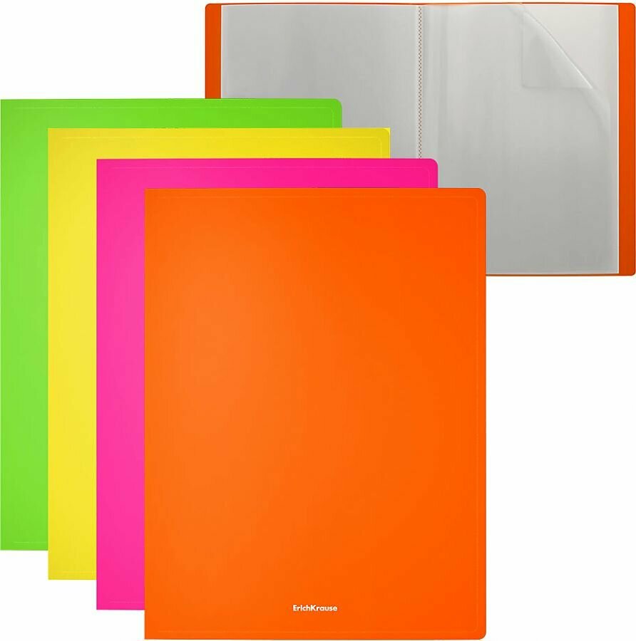 Папка ErichKrause файловая пластиковая Matt Neon, с 20 прозрачными карманами, A4, ассорти, 4 шт