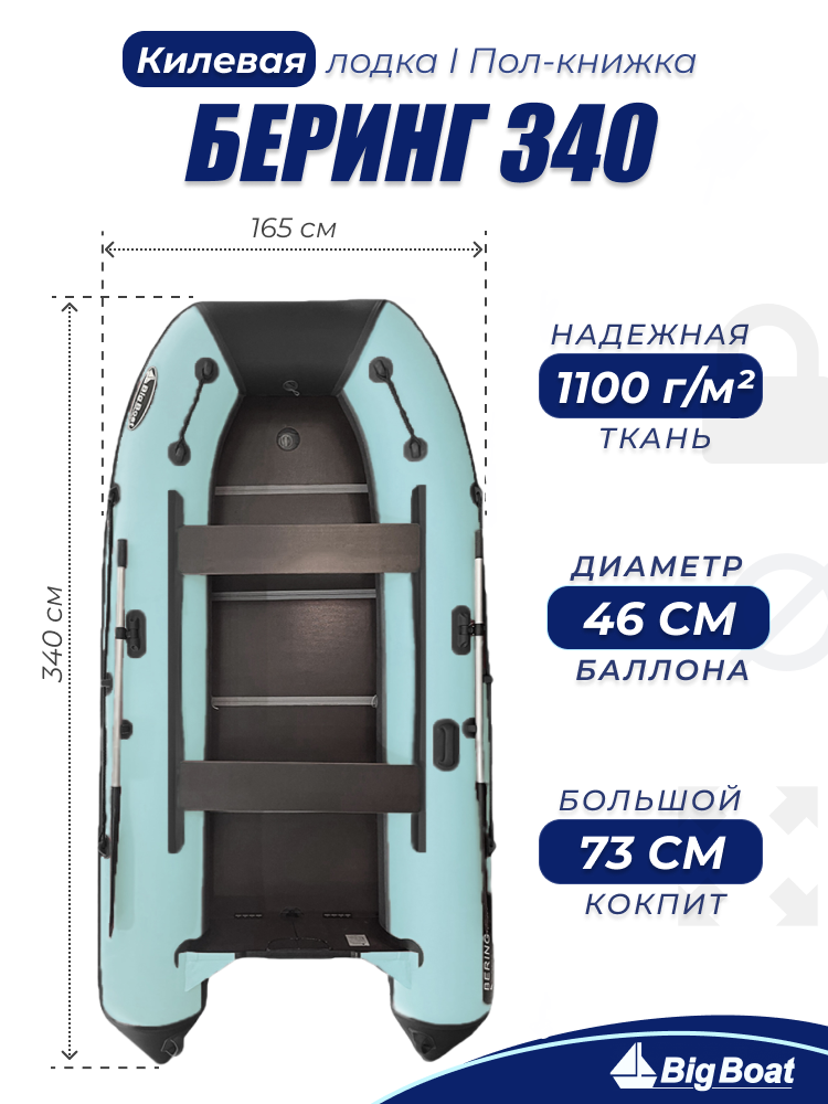 Надувная, под мотор лодка из ПВХ для рыбалки Bering (Беринг) 340К пол-книжка