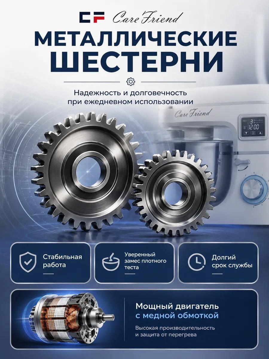Планетарный миксер кухонный тестомес CF PUMPF2141W 1800 Вт, 7 л, 6 скоростей, ферментация — фото 1