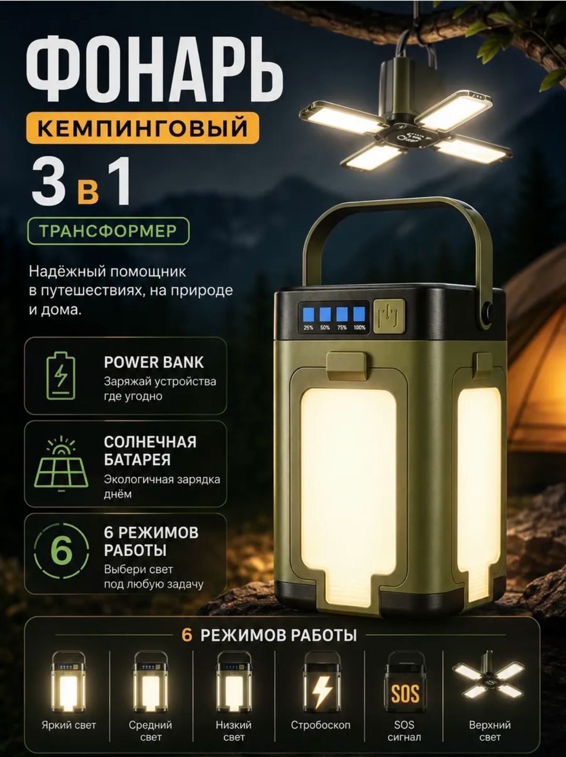 Кемпинговый фонарь 3в1 с Power Bank и солнечной батареей, аккумуляторный фонарь для туризма и дачи, 6 режимов света