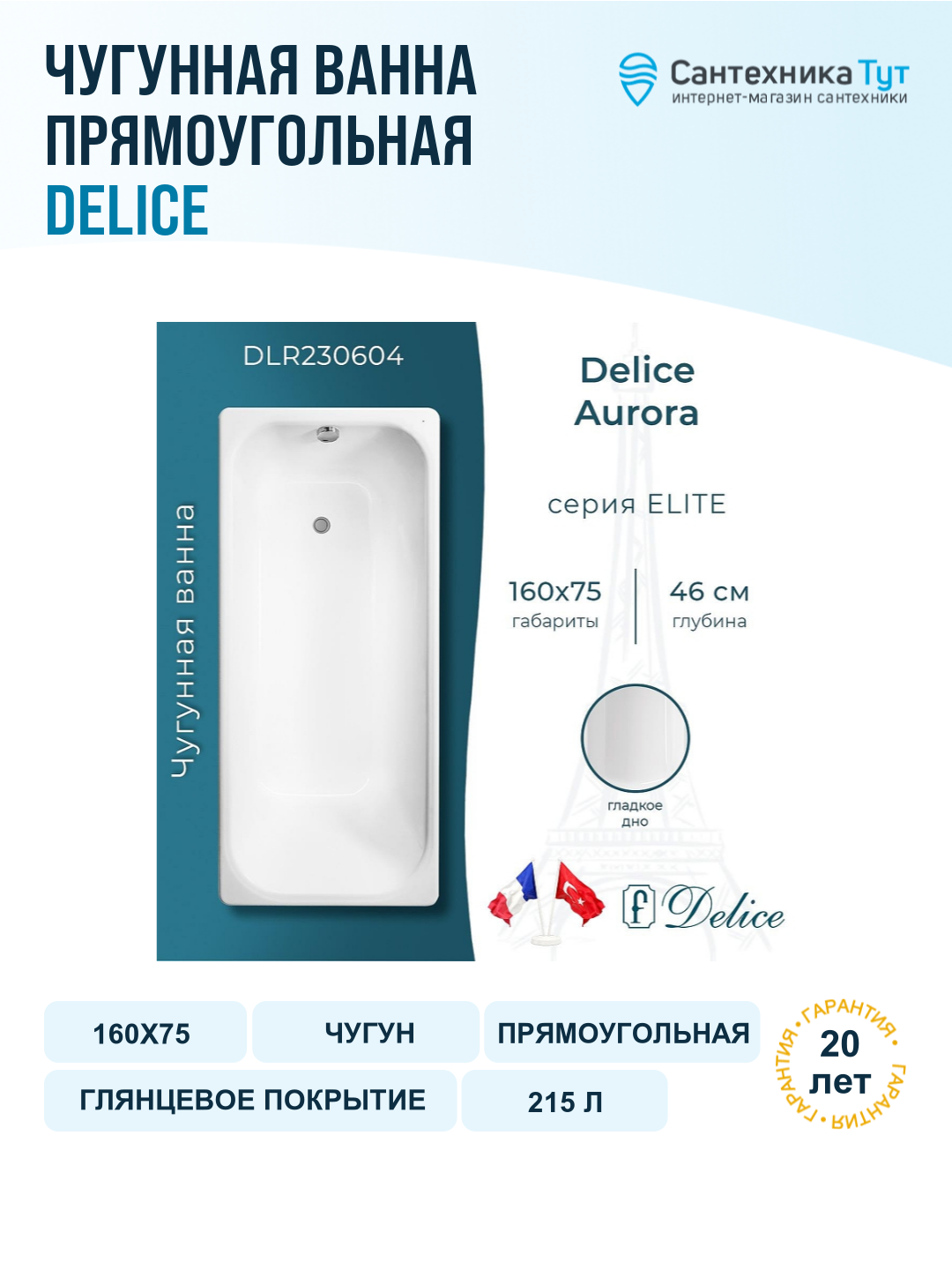 Чугунная ванна Delice Aurora 160х75 DLR230604 без отверстий под ручки и антискользящего покрытия