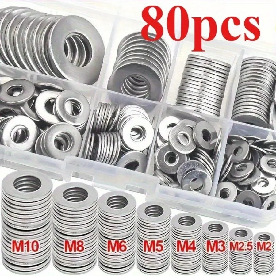 Набор плоских шайб из нержавеющей стали (80 шт.) M2-M10