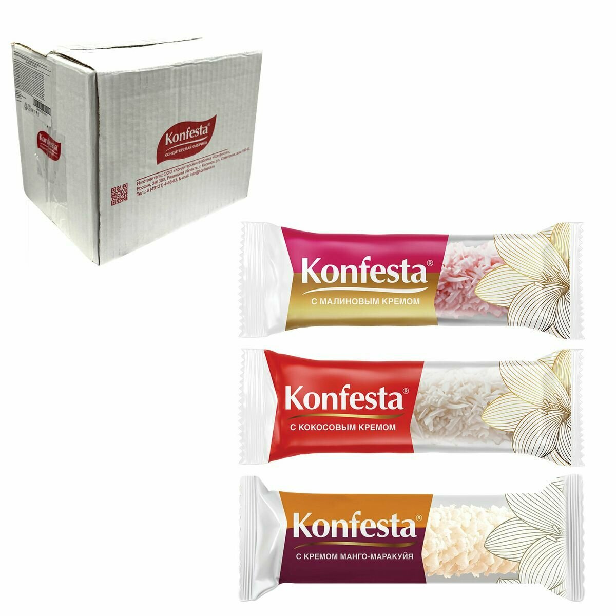 Конфеты глазированные KONFESTA "Ассорти" (кокос, малина, манго-маракуйя), 1100г