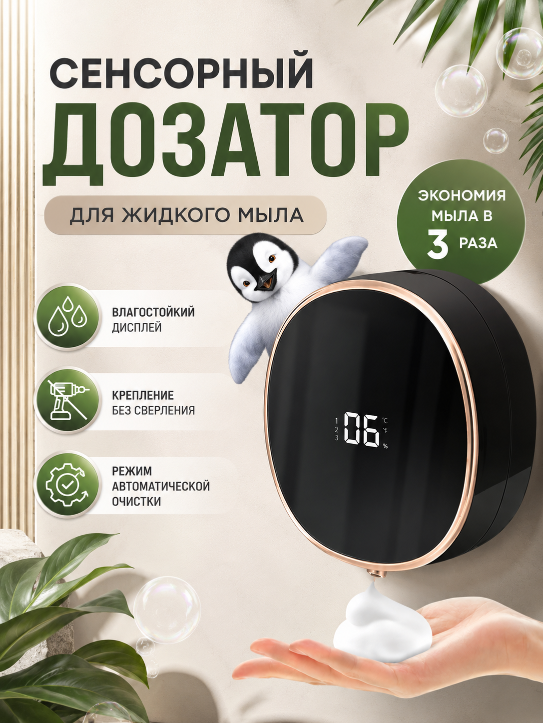Дозатор для жидкого мыла "Сенсорный", черный, пластик, быстросъемный, 280мл
