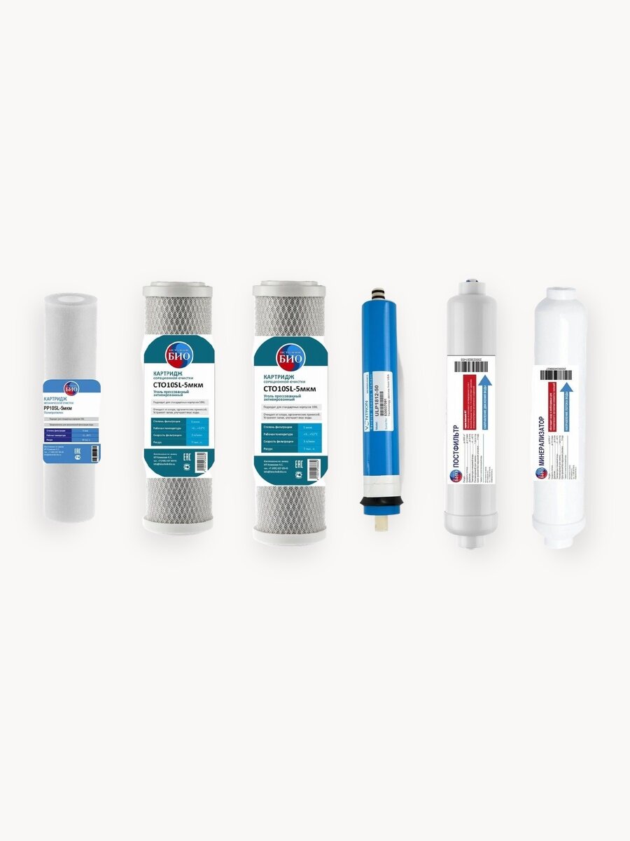 Универсальный набор картриджей для систем обратного осмоса с минерализатором ( 6 предметов ) / подходит для систем стандарта 10sl/ для загрязненной воды