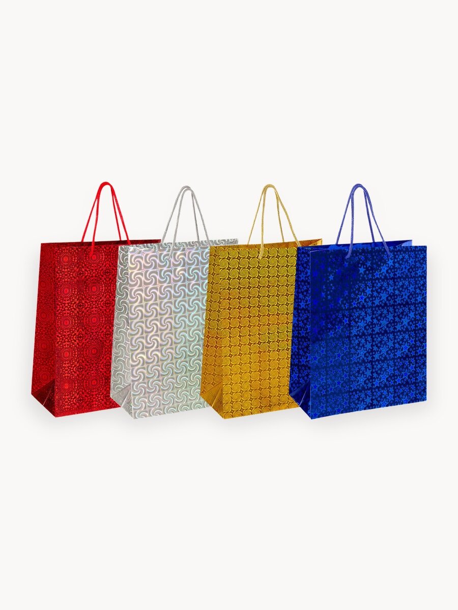 Пакеты подарочные большие, пакетики для упаковки подарков, набор 4 штуки, 26x13x32 см, голография, ассорти 4 цвета, Золотая Сказка, 609734