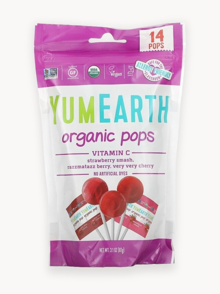 Леденцы YumEarth Organic, ассорти вкусов, на палочке, органические, без сахара