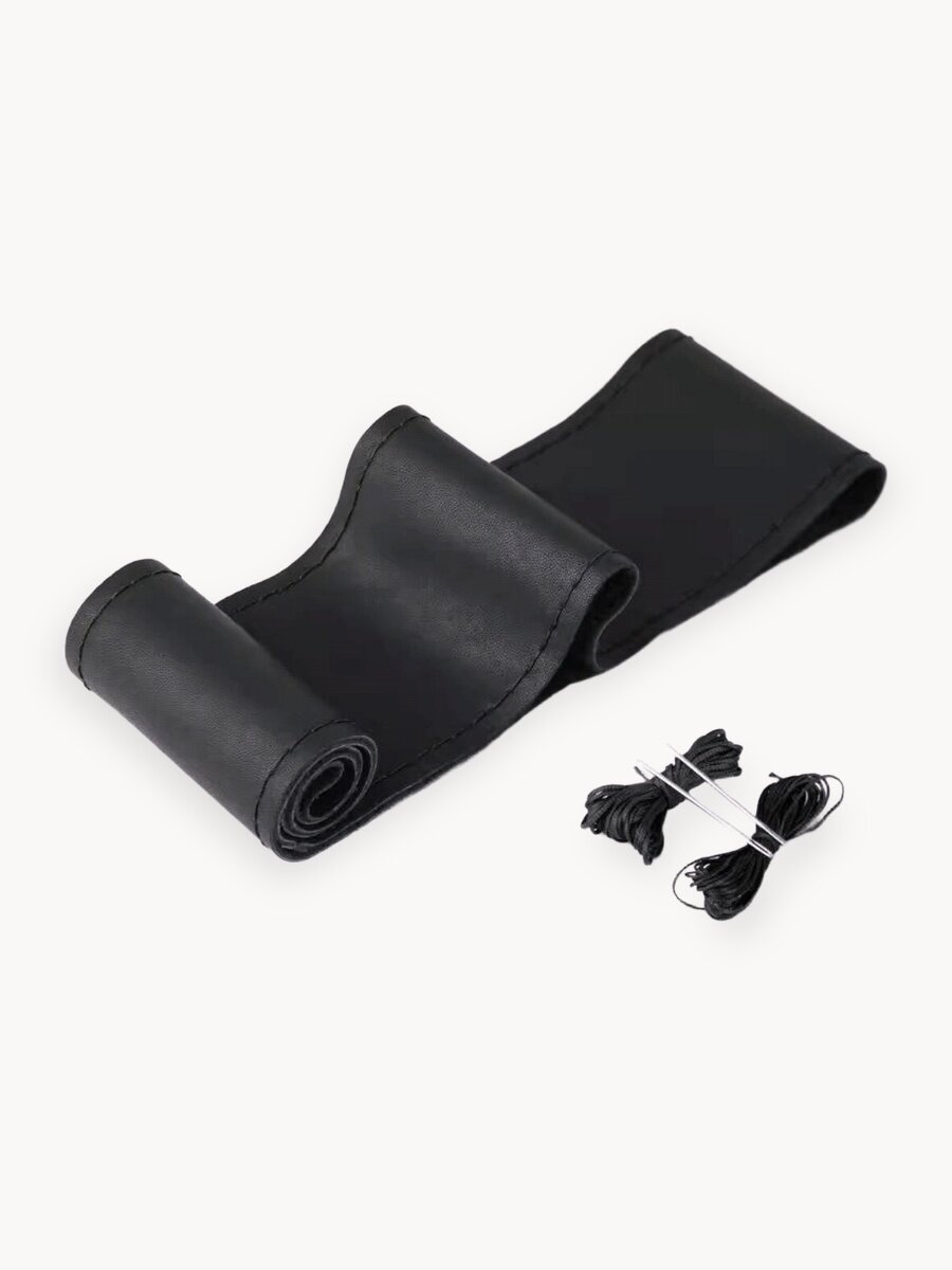 Оплетка на руль со шнуровкой натуральная кожа 37-39см черный с черной нитью