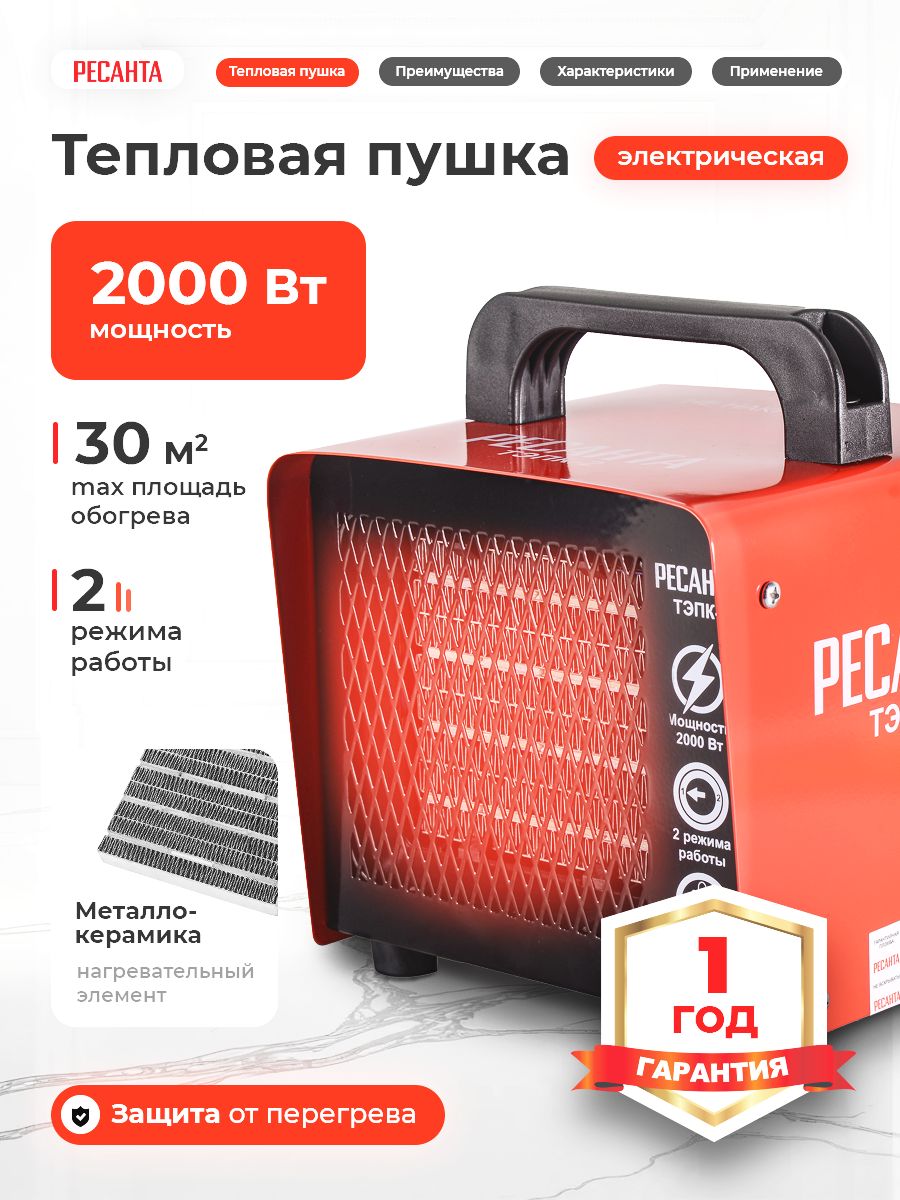 Тепловая пушка 2ОООВт -керамика ТЭПК-2 Ресанта для отопления керамический обогреватель