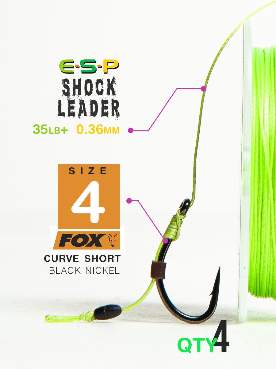 Готовые рыболовные поводки с крючком FOX Curve Short №4, E.S.P SHOCK LEADER 35lb - длина 18см, в уп. 4шт