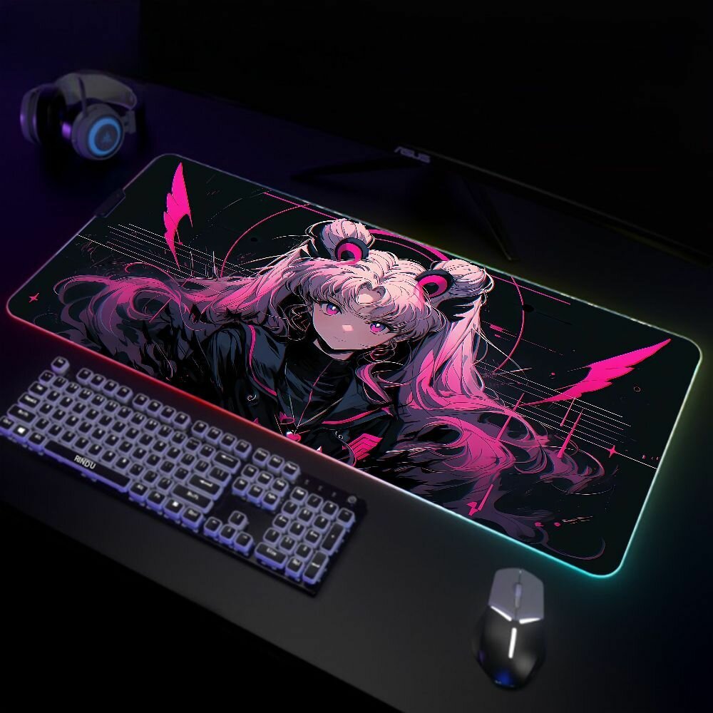 RGB LED Sailor Moon Игровой коврик для мыши с подсветкой игровой клавиатуры Anime cute Sailor Moon, печатный рисунок высокой четкости, резиновый нескользящий коврик для рабочего стола 400x900xxl