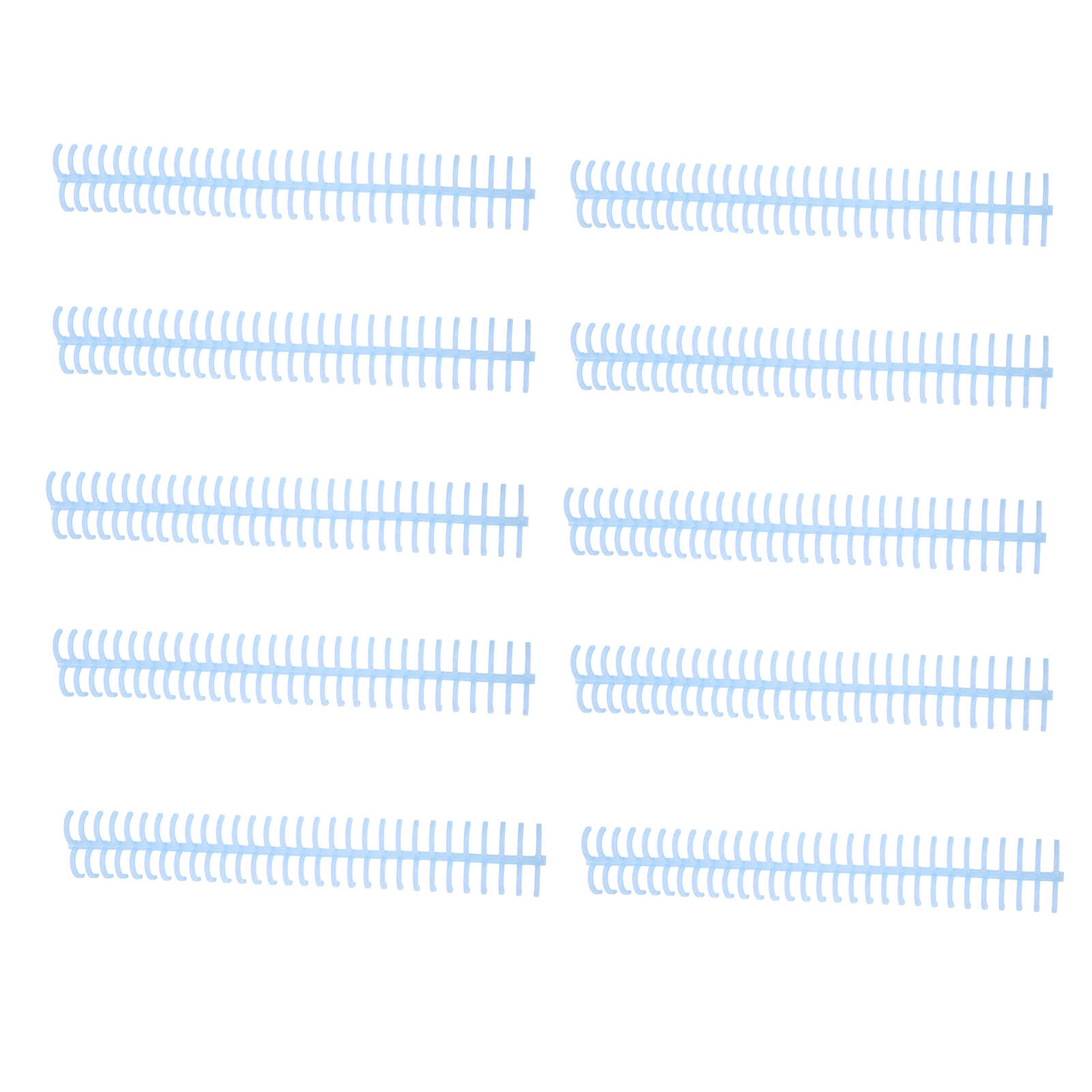 Комплект из 10 спиральных переплетных пружин, вместимость 130 листов, корешок с гребенкой, 30 отверстий, диаметр 16 мм, светло-голубой.
