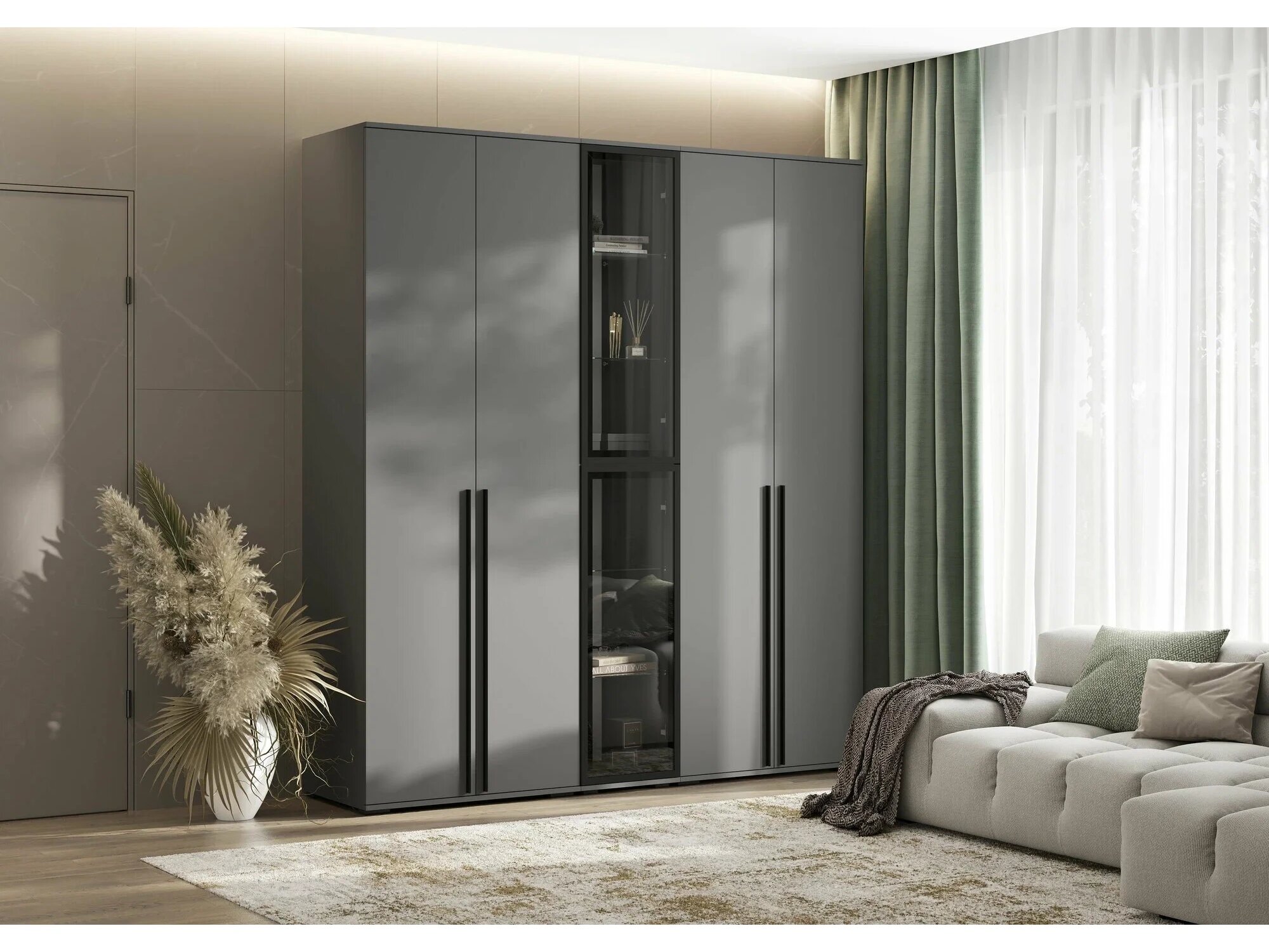 Комплект из двух двухдверных шкафов и пенала со стеклом, ЛДСП, с подсветкой, графит