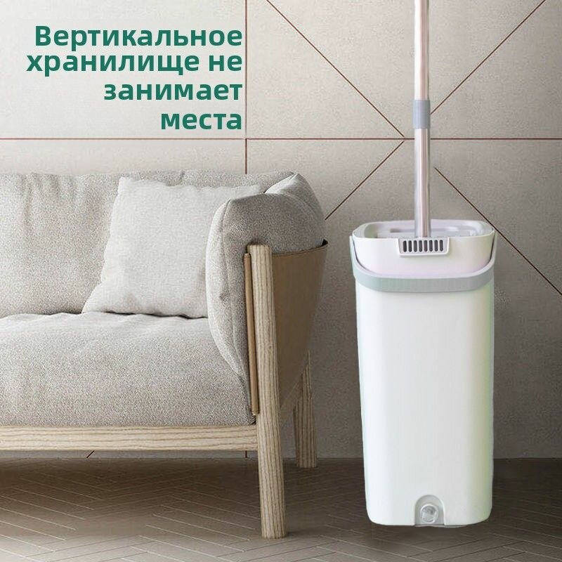"Швабра 'Ленивец' утолщенная с ведром — для сухой и влажной уборки, двойной скребок + 6 тряпок в подарок! (Темно-синий)