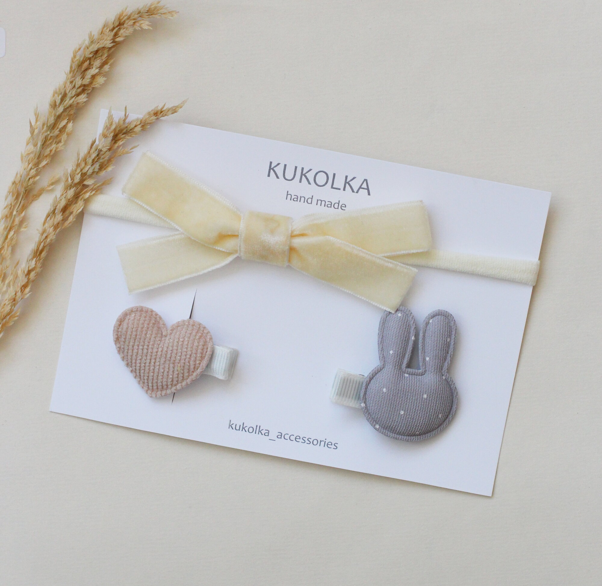 Повязка на голову детская, набор заколок для малышей, кремовый, серый, бежевый, "KUKOLKA accessories", 3 шт.