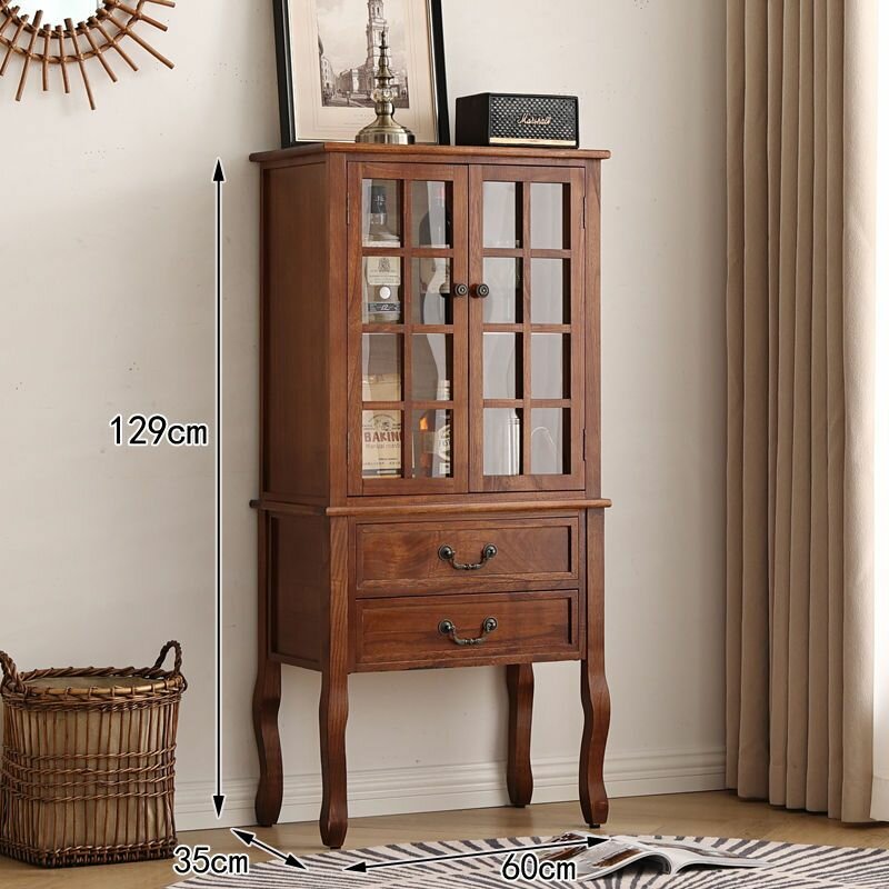 Шкаф-витрина для вина и хранения вещей из массива дерева 60х35х129 см с выдвижными ящиками и стеклянной дверцей
