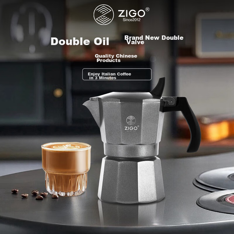 Zigo Dual-Valve Moka Pot, Coffee Maker for Home Use, Italian-Style Coffee Pot, 2 Cups Capacity, Dual-Valve 2 Cups, Iron Gray