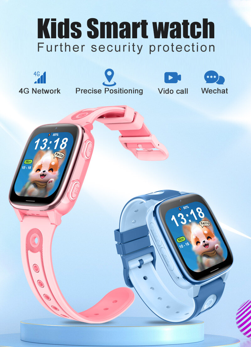 Детские смарт-часы 4G с SIM-картой и функцией видеозвонка, большой экран 1,83 дюйма, розовый