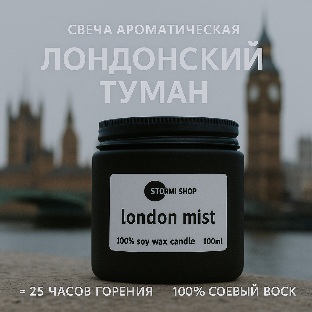 Премиум свеча ароматическая "Лондонский туман", деревянный фитиль, соевый воск