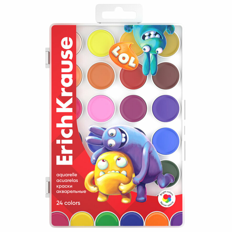Краски акварельные ERICH KRAUSE "Jolly Friends", 24 цвета, пластиковый пенал, европодвес, 61368, 192704